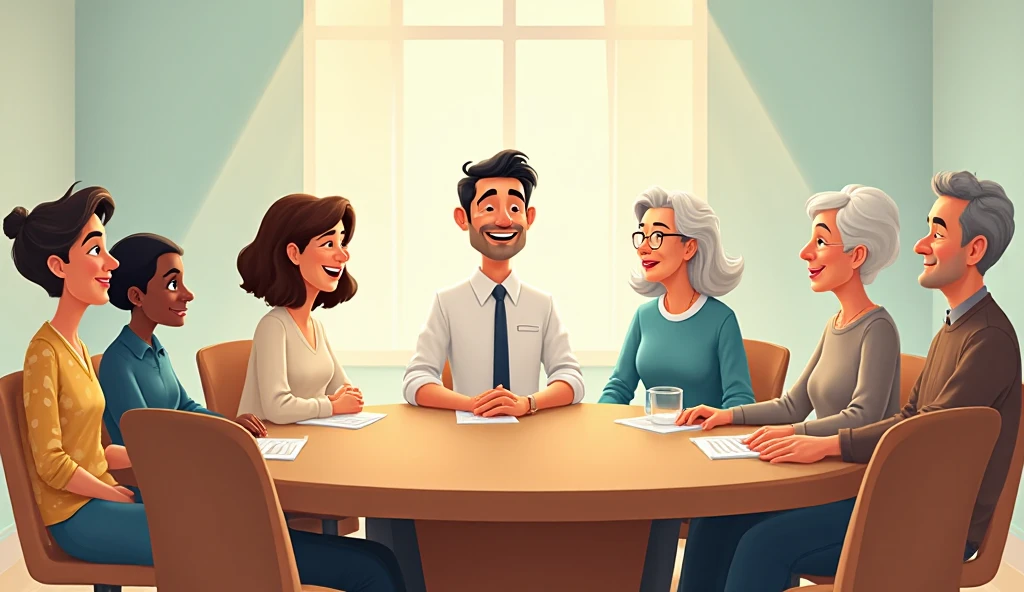 A detailed 2D cartoon style still image, represents a warm meeting room ...