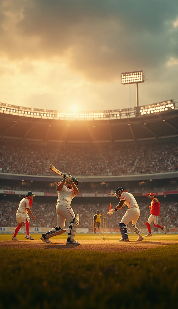 "A thrilling cricket match scene in a packed stadium at sunset - SeaArt AI