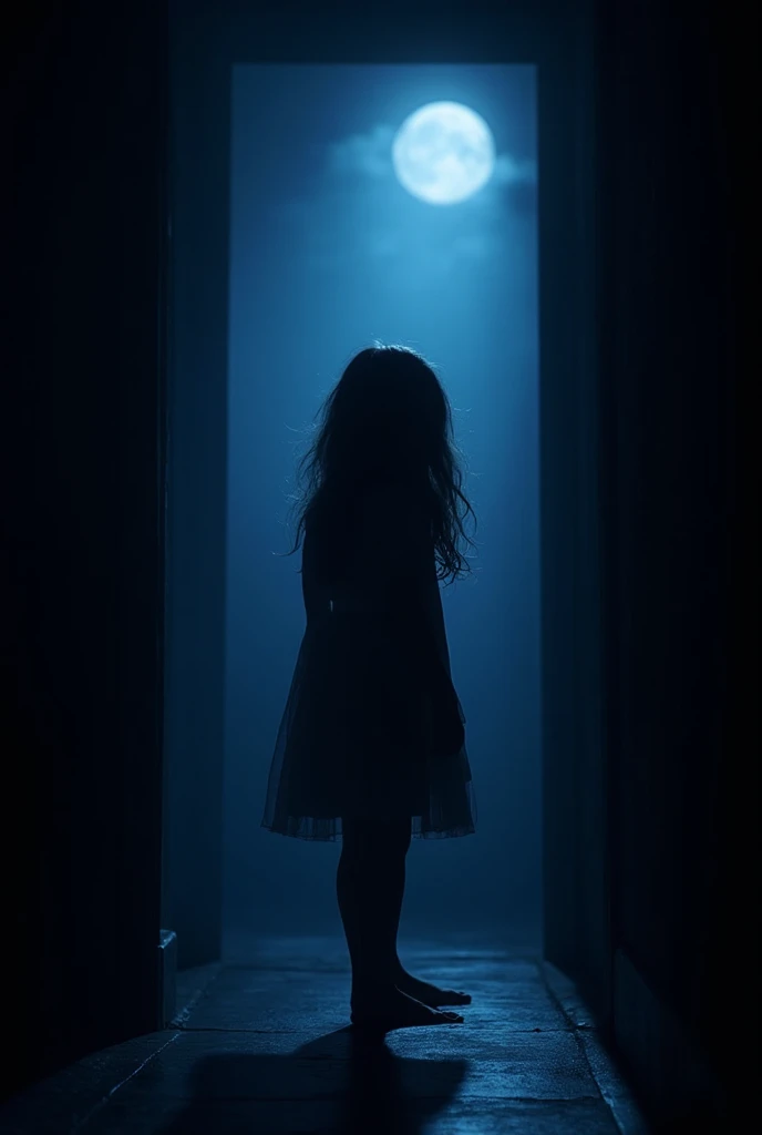 The little girl is standing barefoot in a dark narrow hallway - SeaArt AI