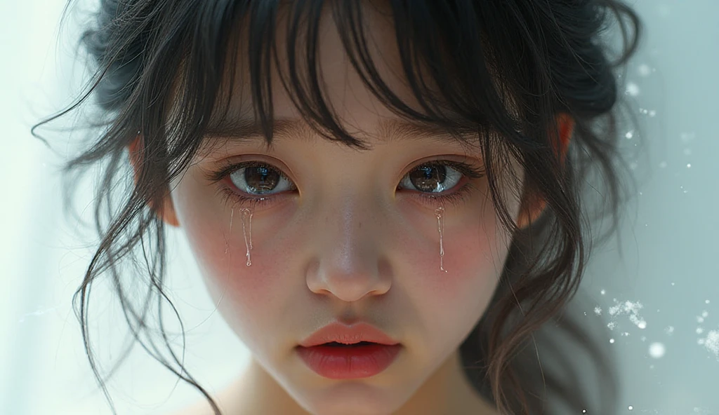 Realistic girl crying on her head transparent white photo, close ...