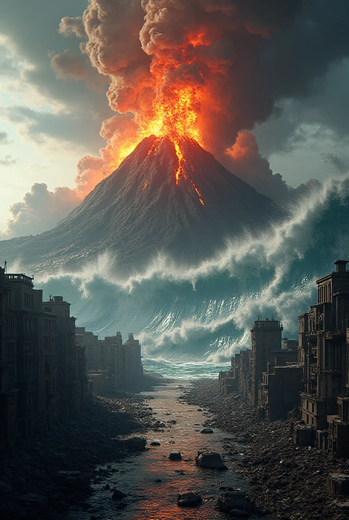 A volcano next to a tsunami in a destroyed city and that the volcano is ...