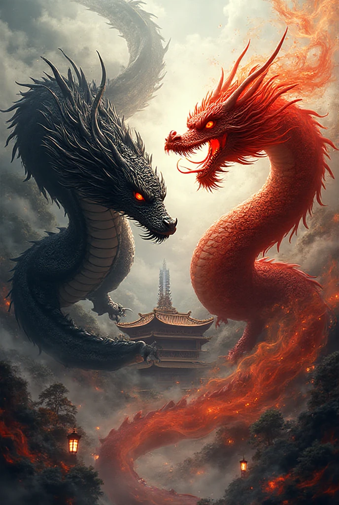 Black japanese dragon and red japanese dragon - SeaArt AI