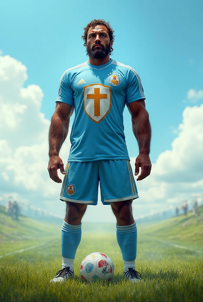 I want an image of Moses from the Bible dressed as a soccer player in a ...