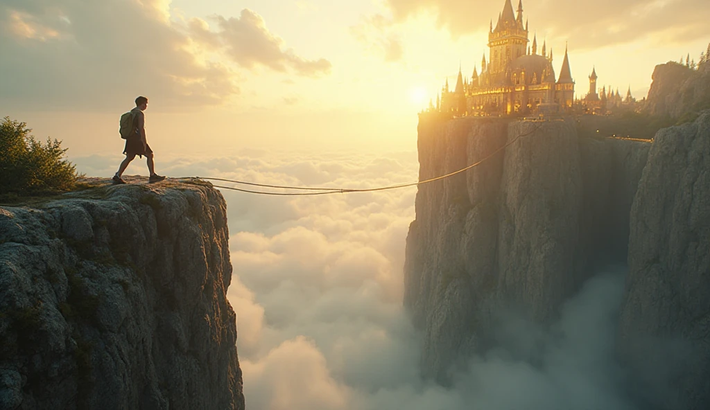 "A humble young man walking on a thin rope stretched across a massive ...