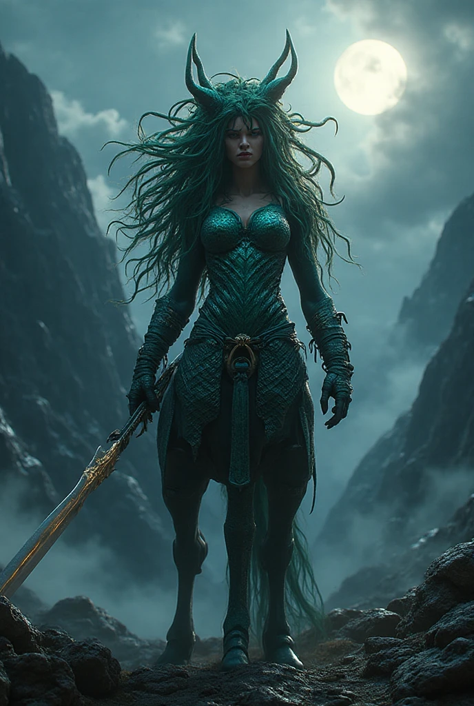 A hyper-realistic cinematic full-body portrait of a Medusa-centaur ...