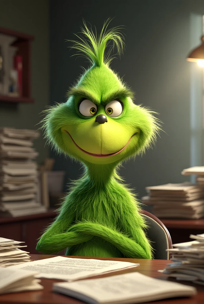 Animated 3D cartoon image, of the Grinch with his characteristic ...