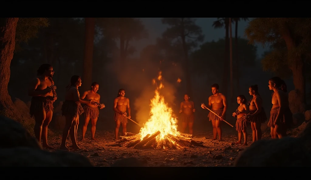 A wide cinematic scene of primitive humans discovering fire for the ...