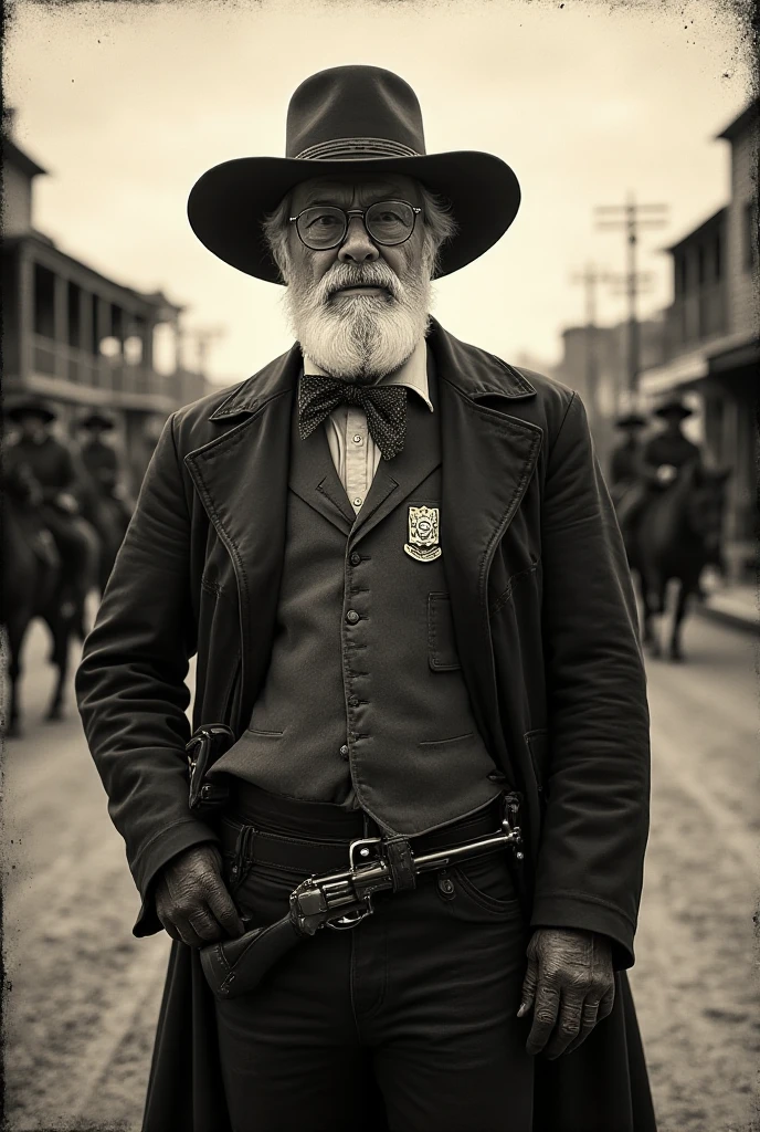 "Portrait of an old Old West sheriff, with a white beard and glasses ...