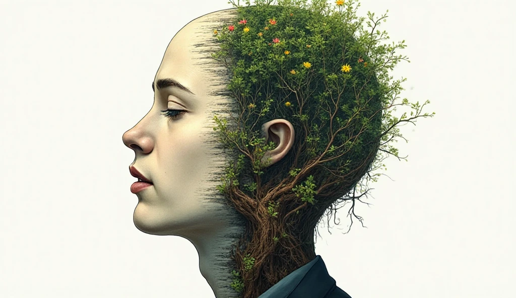 Surreal illustration: A human head is shown in profile, split in two ...