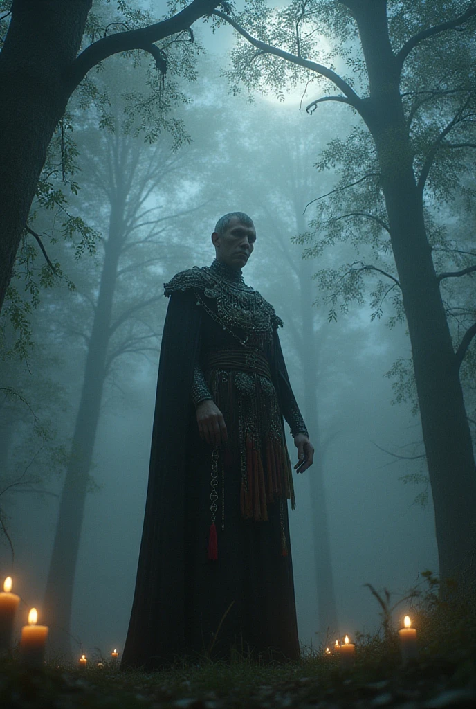 The Magus of Rus in an oak grove at night, stands confidently in a ...