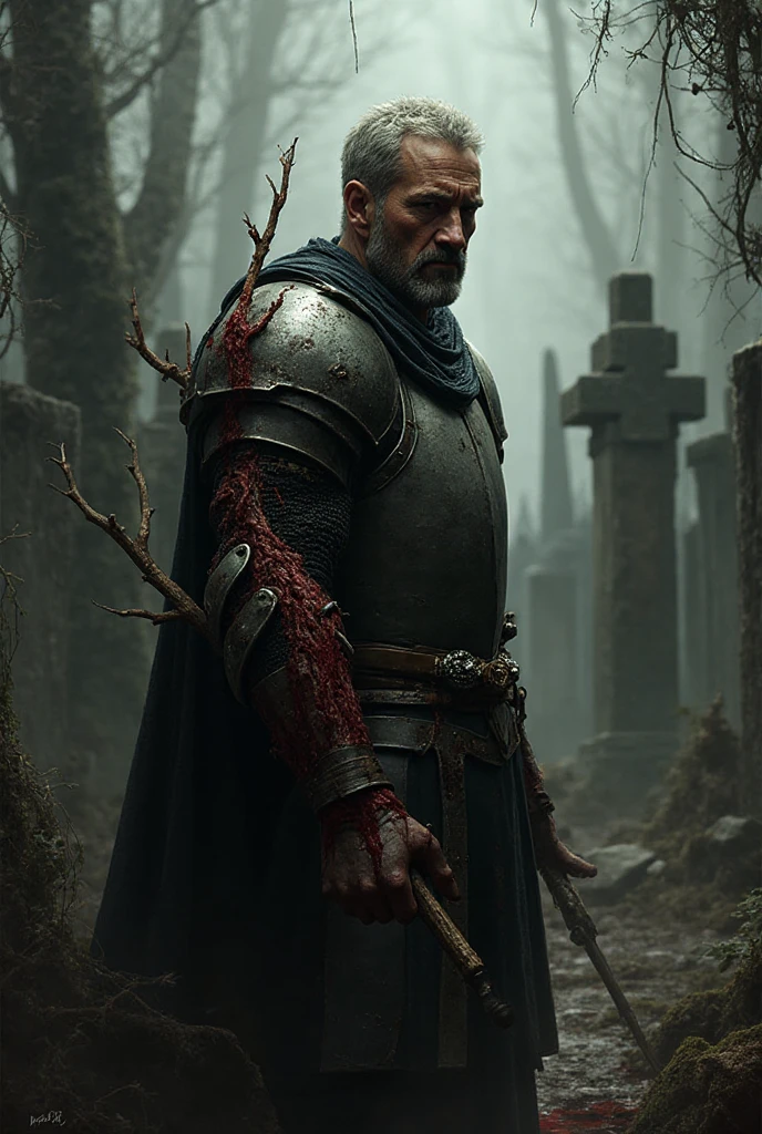 A knight with a branch in his arm there is blood flowing in front of a ...
