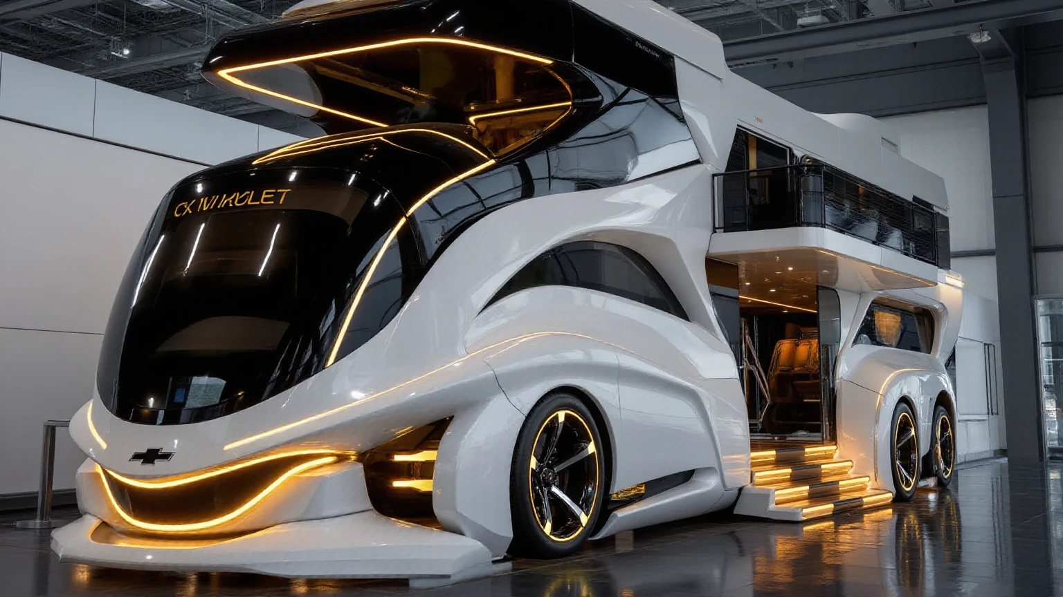 DE_style,A futuristic luxury motorhome displayed inside a spacious ...