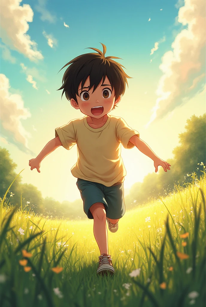 Short animation Japanese anime style Boy wearing t-shirt running in ...