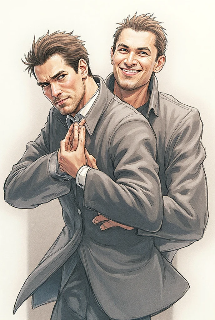 A guys is smirking and behind his back is also a guys do this in ...