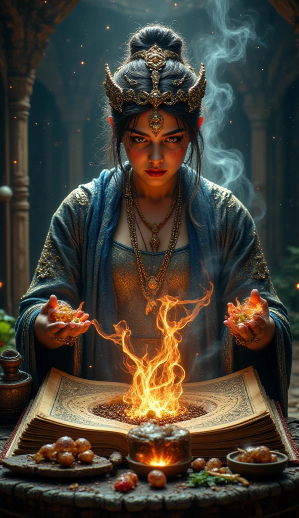 Powerful food mystic performing ritual with levitating ingredients ...