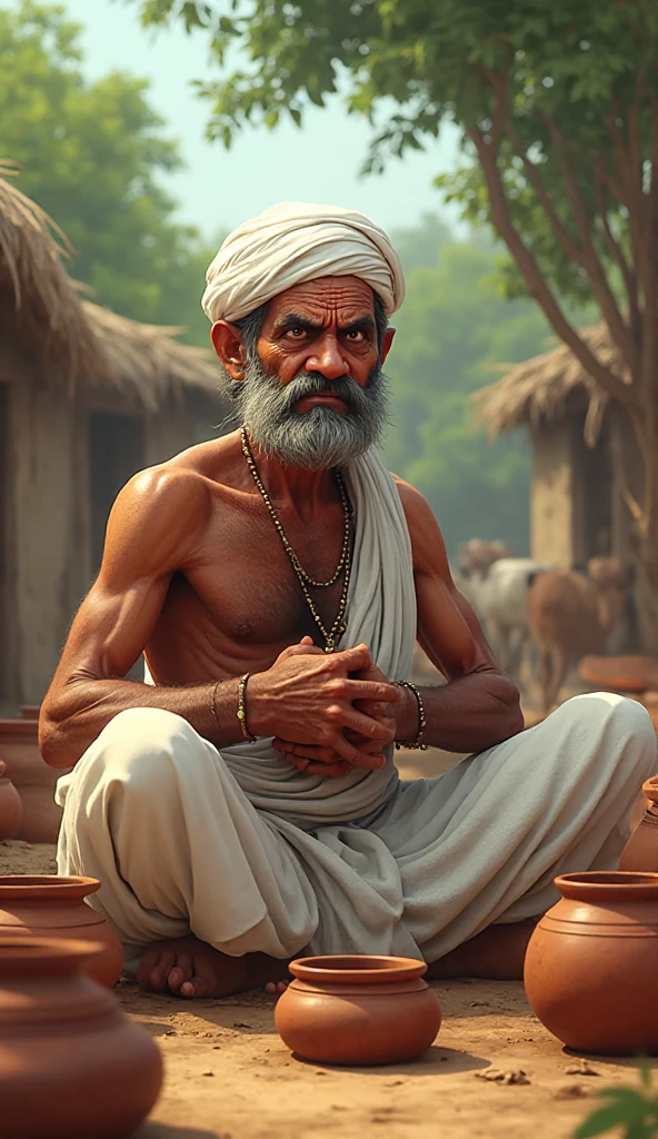 An old poor Indian farmer in white dhoti and turban, sitting in front ...