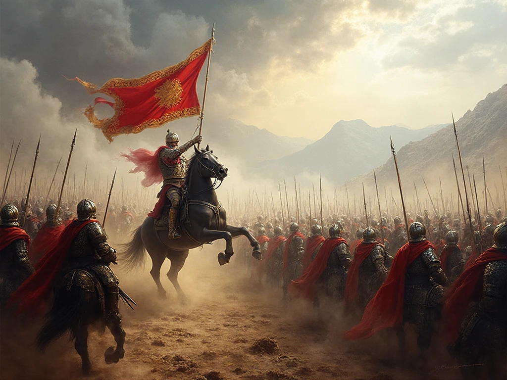 An epic medieval battle in clouds of dust and smoke, is the central ...