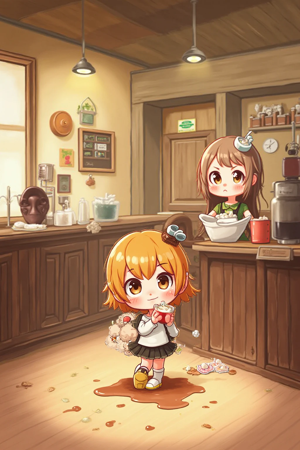 Chibi girl at coffee shop ,clumsy,spilled coffee,waitress sigh - SeaArt AI