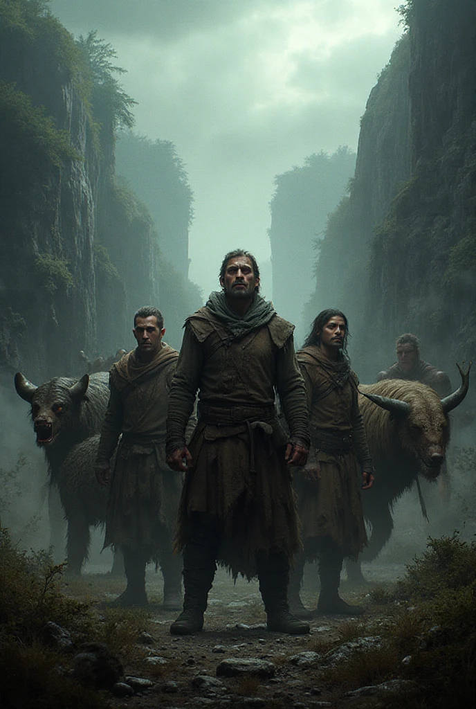 Create a luxurious background picture of fierce animals and five people trying t - SeaArt AI