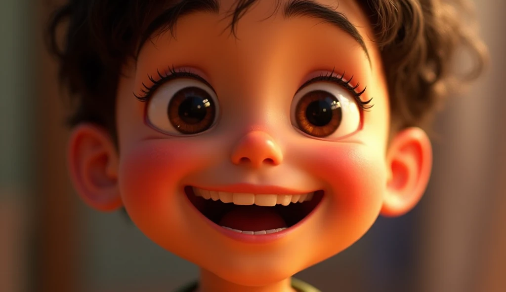 Close up on the child's smile shining, big and happy eyes. estilo pixar ...
