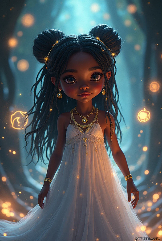 "A magical dark-skinned girl with braids decorated with golden beads ...