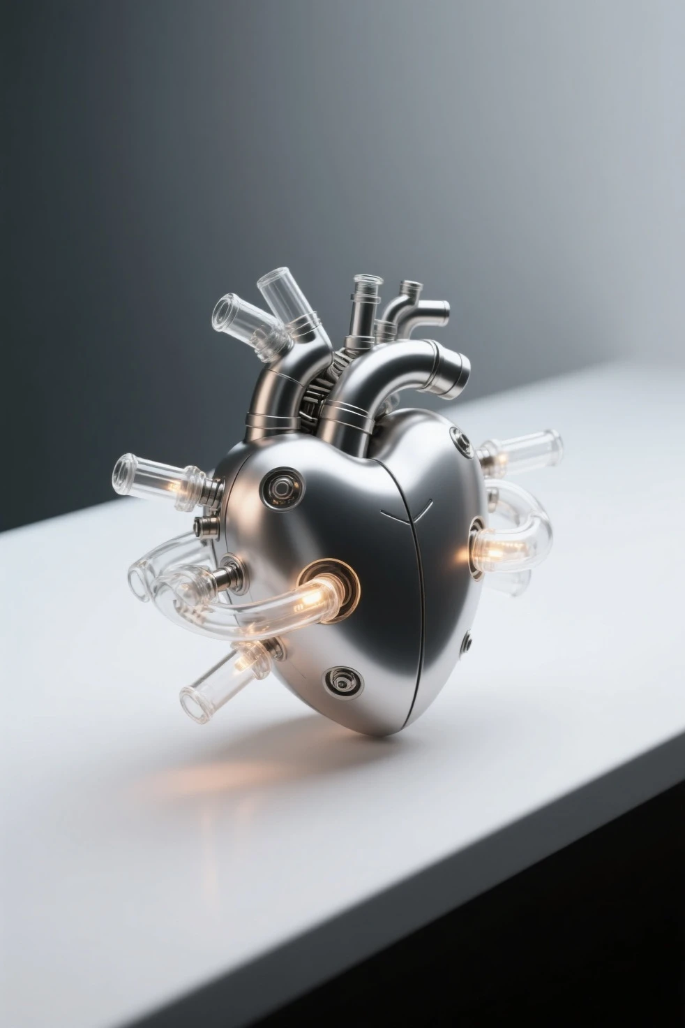 A minimalist concept art of a metallic mechanical heart connected to ...