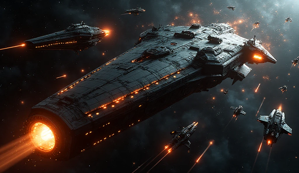 A massive futuristic spaceship dominates the scene, dark metallic with ...
