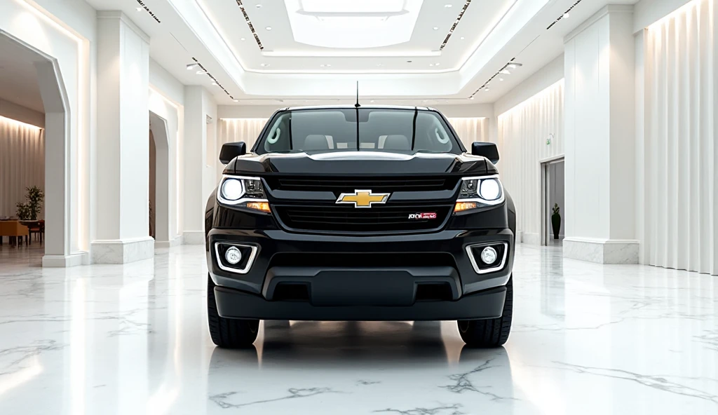 A 2026 Chevrolet Colorado [black ] showcased inside a luxurious white s ...