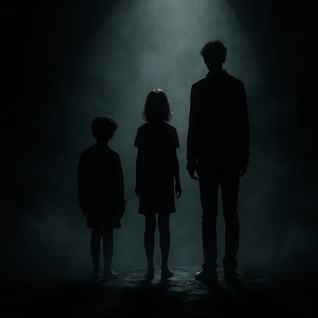 Shadows of 3 people, (1st shadow) of a child, (2nd shadow) of a ...