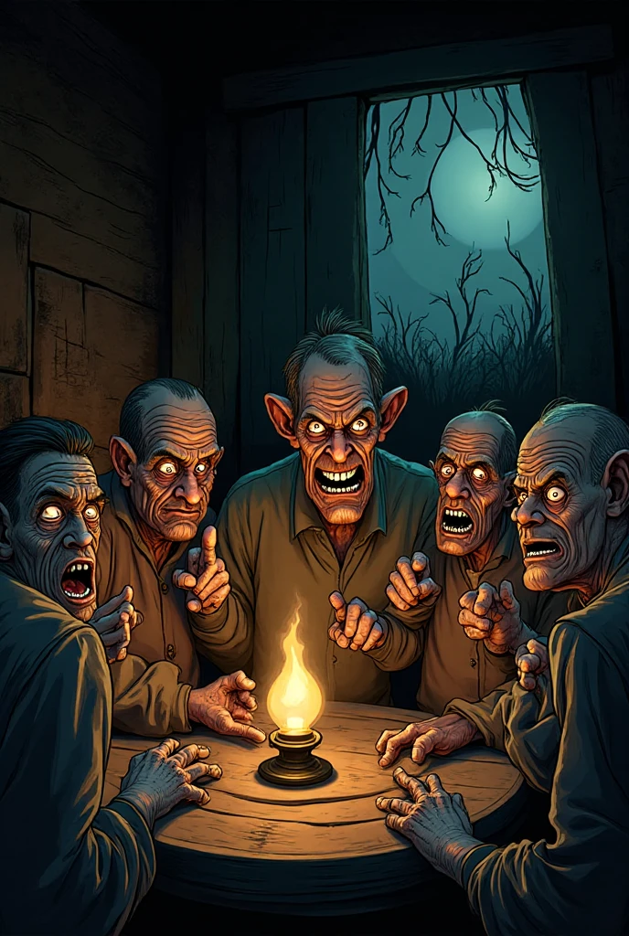 Cartoon-horror illustration of terrified rural villagers gathered in a ...