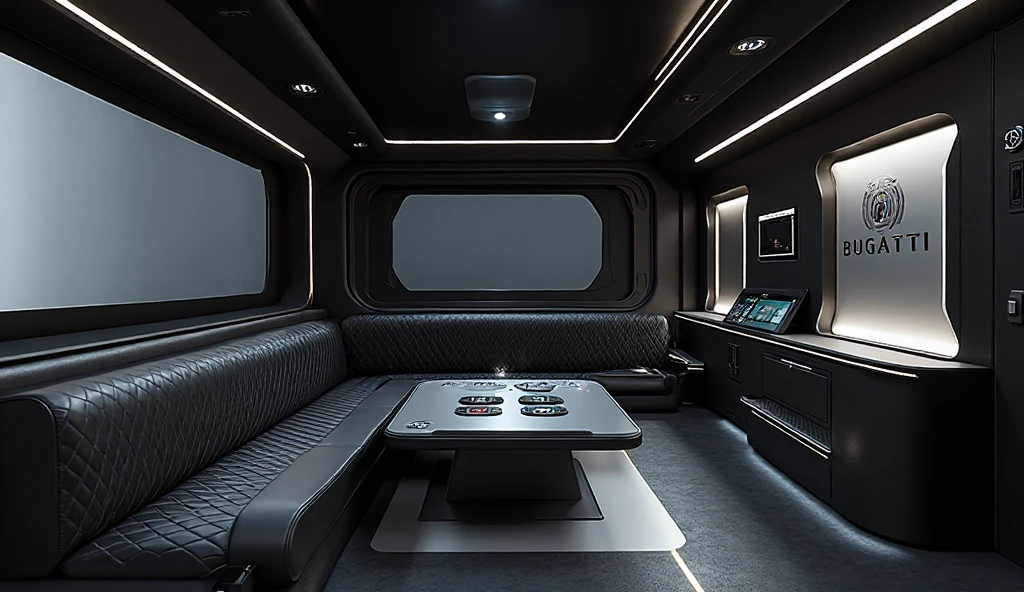 A compact futuristic lounge inside the Bugatti motorhome, designed in a ...