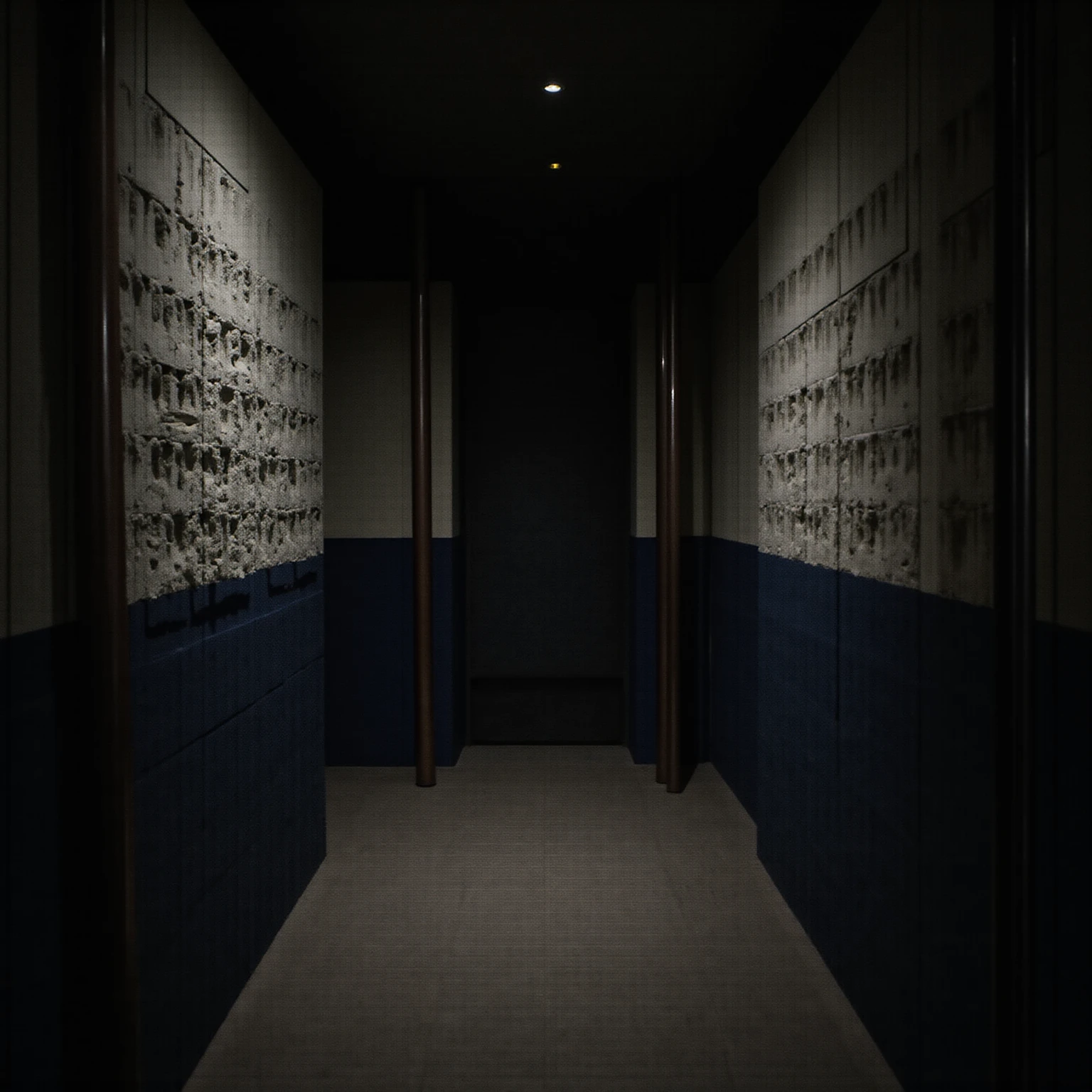 A dimly lit corridor displays a blend of industrial and architectural ...