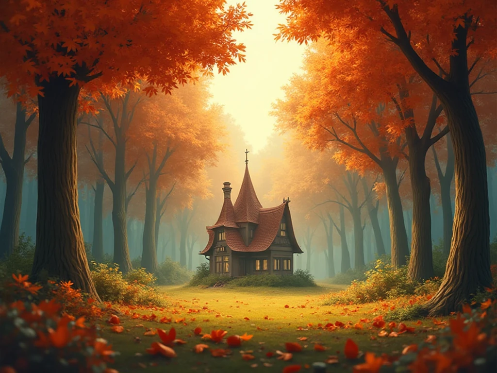 A fairytale cartoon autumn forest, with a clearing in the center of the ...