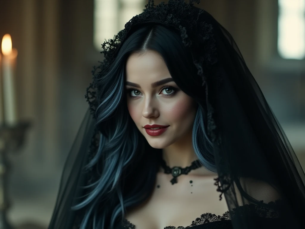 Close-up portrait of TayaraSilk as a gothic bride with a sheer black ...