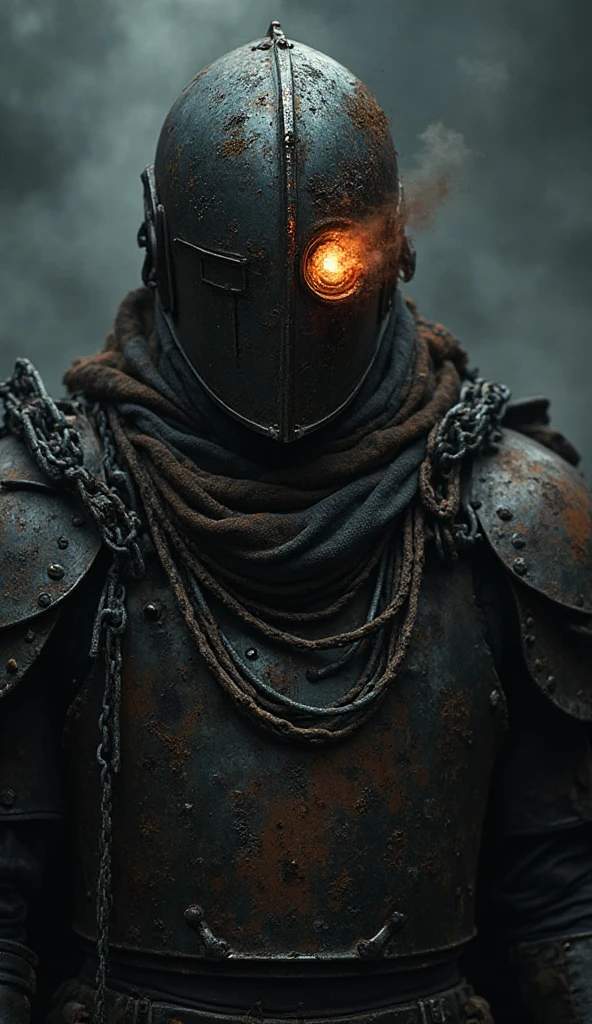A dark post-apocalyptic knight in rusty armor, covered in chains and ...
