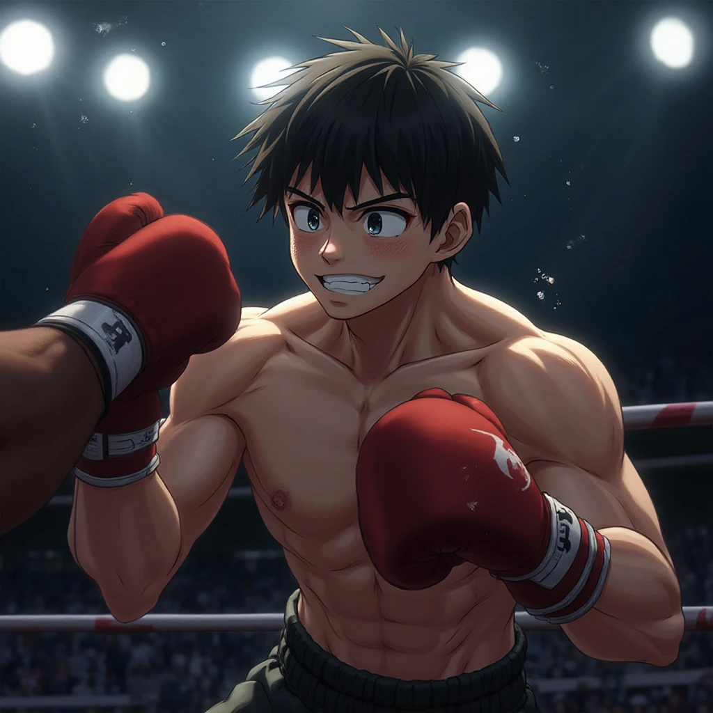 🔥 *A young male anime boxer, mid-fight—sweat flying off his brow ...