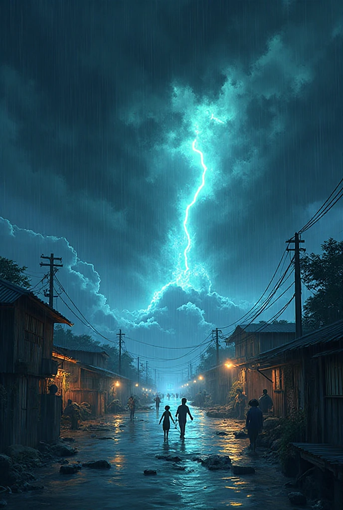 Typhoon Arrival Dark storm clouds swirling, torrential rains pounding ...