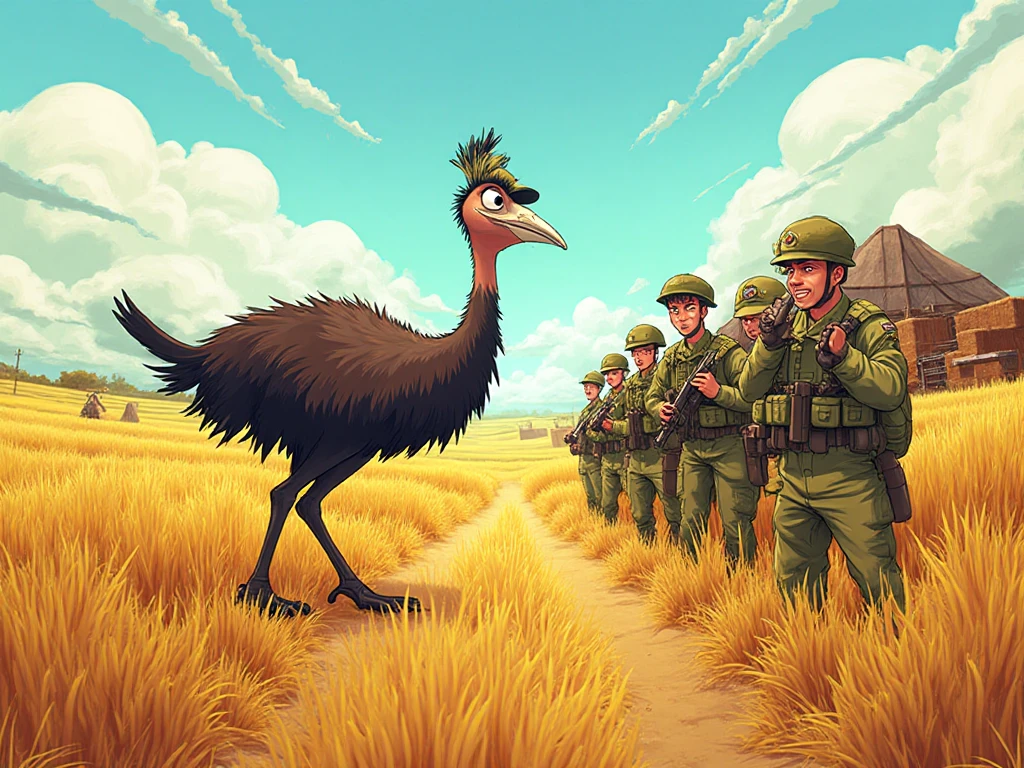 Emu bird war clashes with Australian soldiers amid Barley Ranch - SeaArt AI