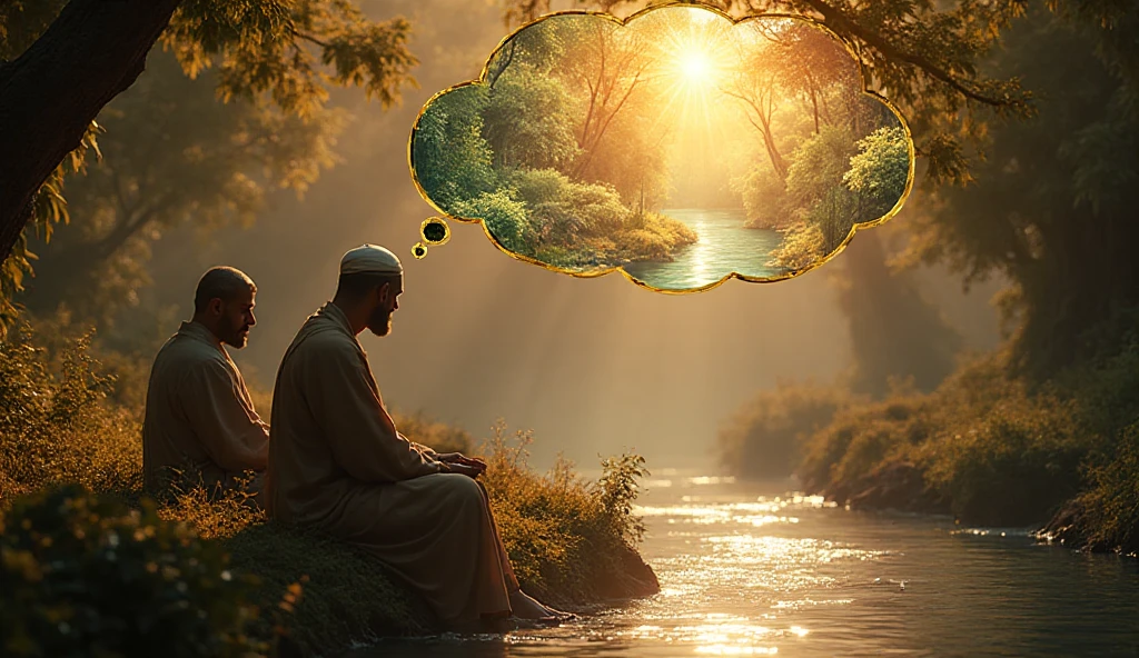 A serene historical scene by a small water stream. The Prophet Muhammad ...