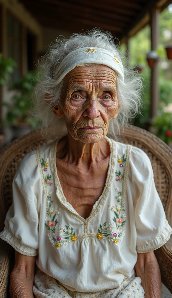 "Realistic portrait of a frail elderly woman with messy curly white ...