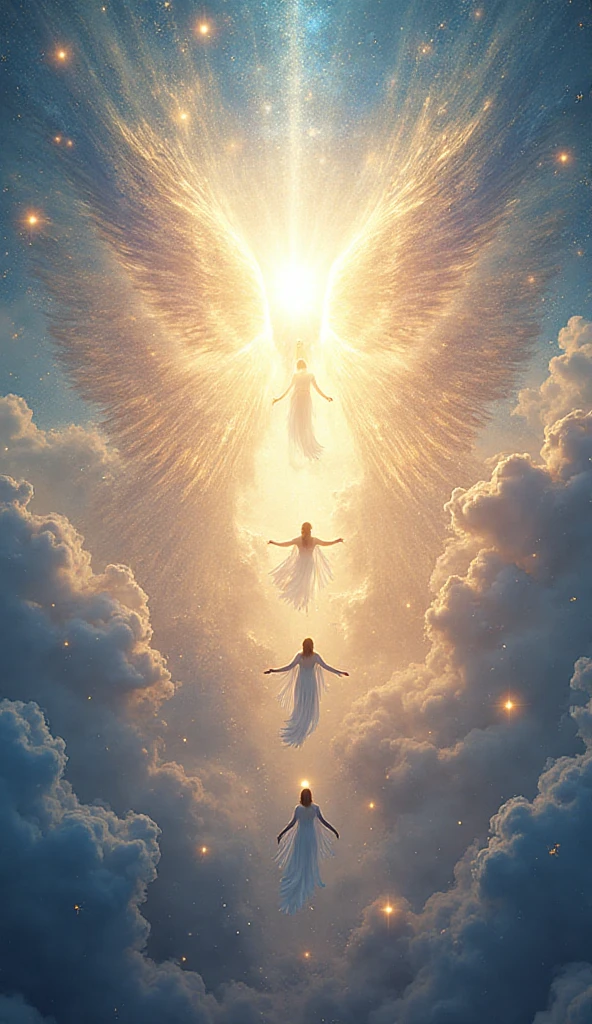 A celestial, ethereal, and brilliant divine light. Multiple angels from ...