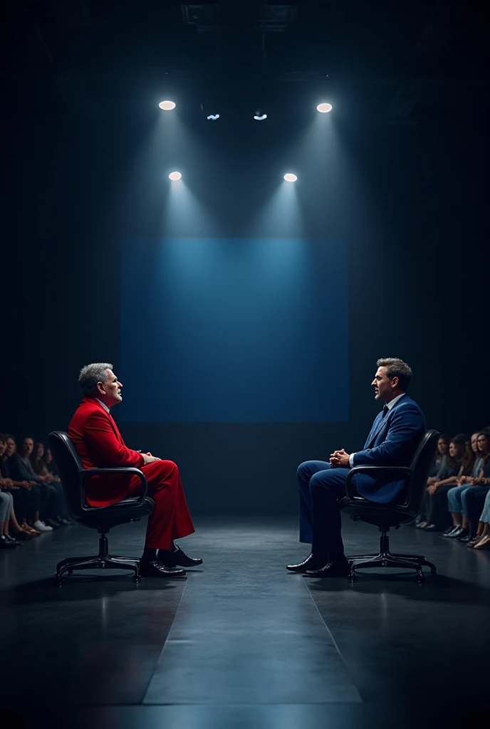 "Ultra-realistic cinematic wide shot at eye-level of two men seated ...