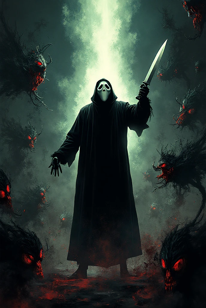 Ghostface from the horror movie scream fighting demons with knife in ...