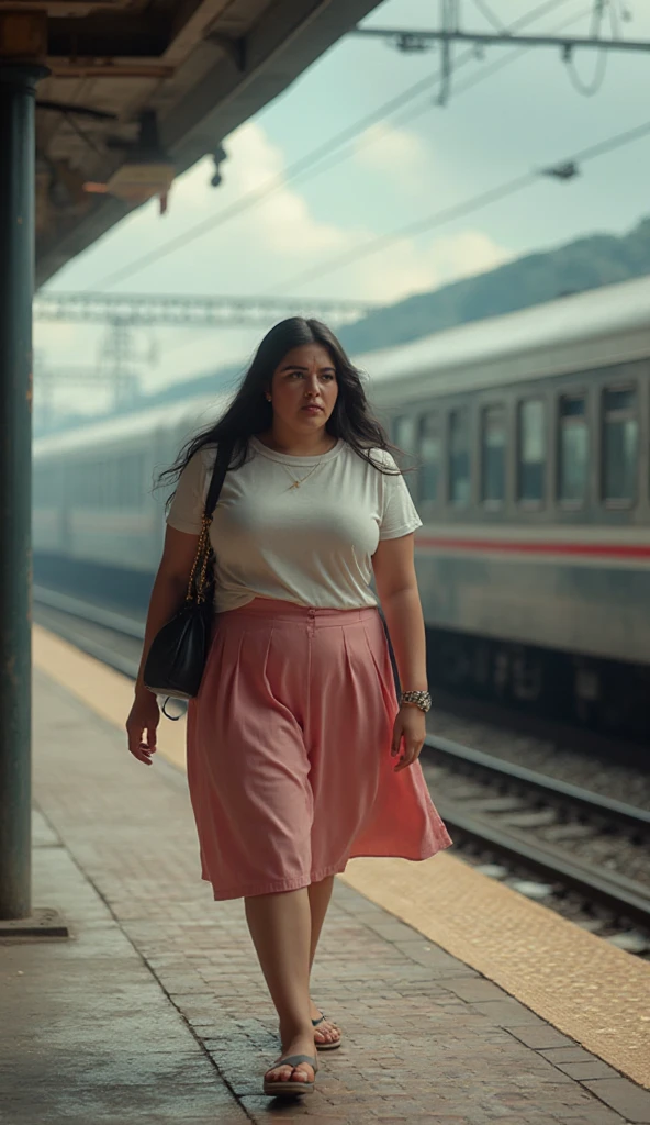 Realistic、fat woman walking in a hurry on a late train platform - SeaArt AI