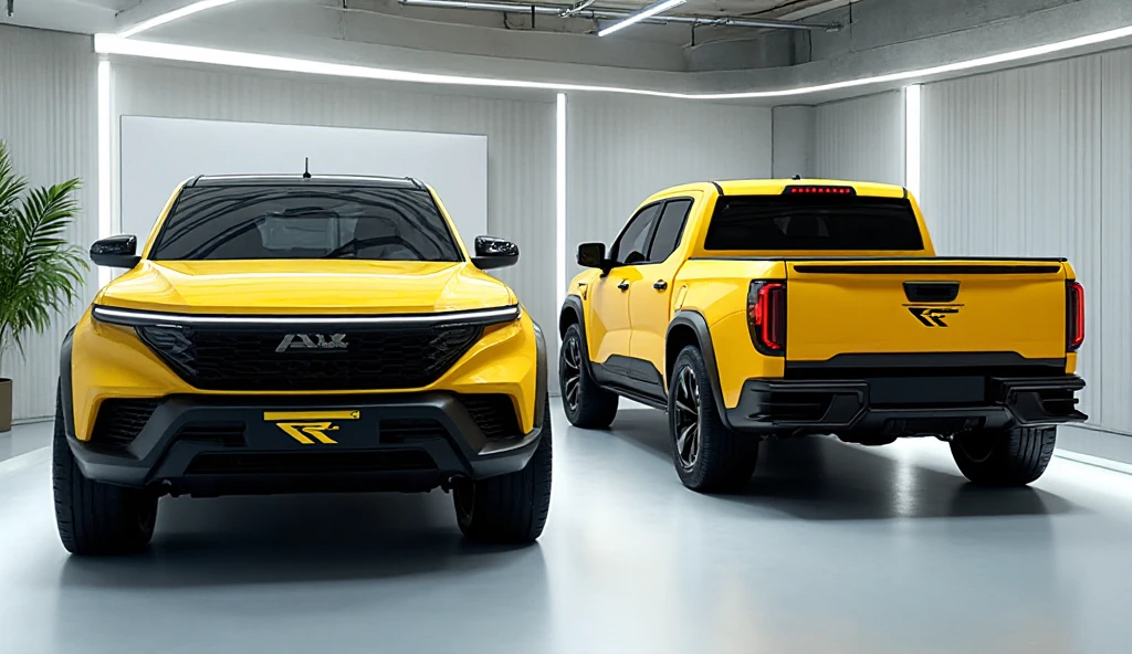 In yellow colour Rivian R2 pickup 2025 front back view showroom - SeaArt AI
