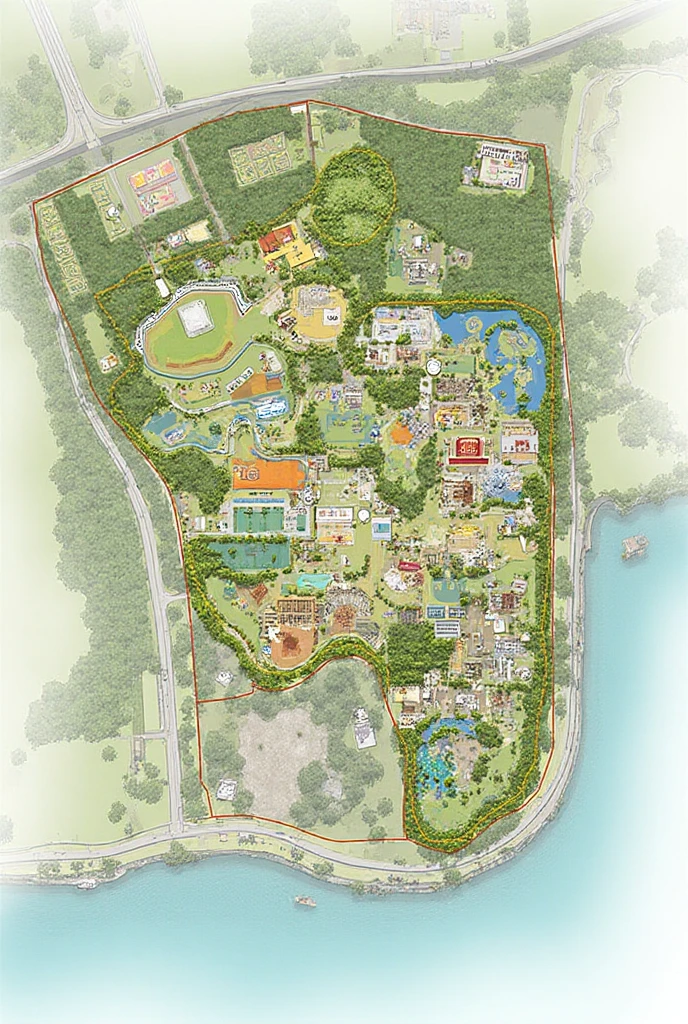 "A detailed site development plan illustration of a 5-hectare cultural ...
