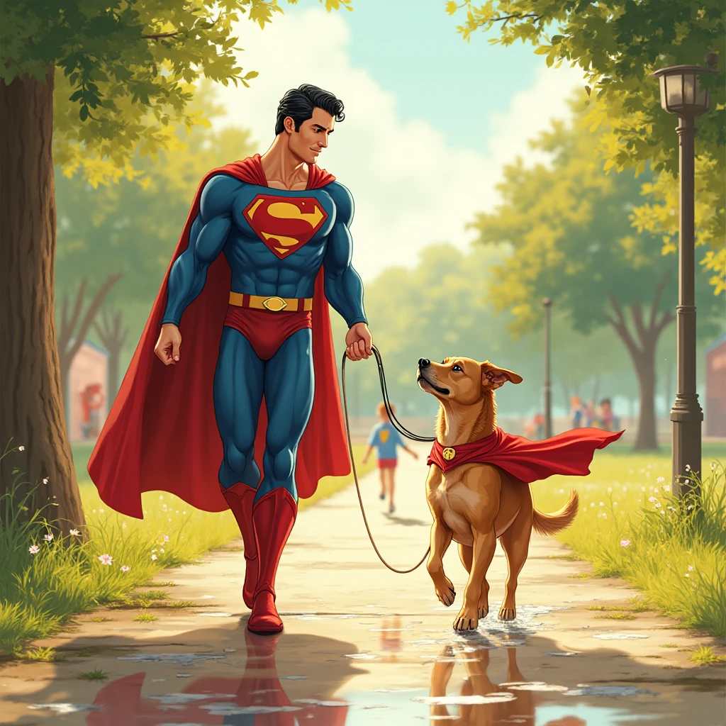 A heartwarming scene of Superman casually walking his loyal dog - SeaArt AI