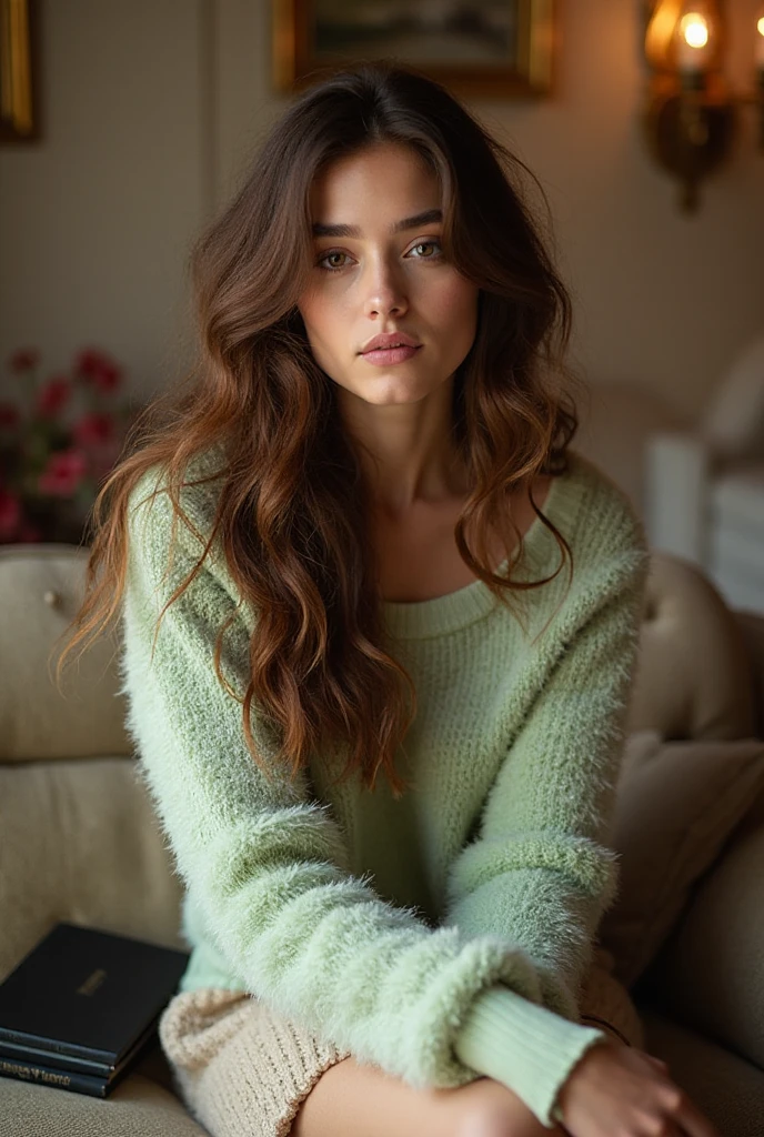 Long Wavy Hair, Light green fluffy beige sweater, Sitting pose - SeaArt AI