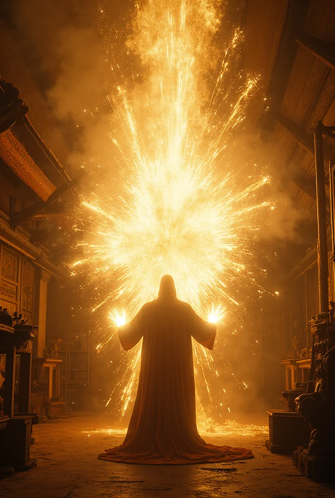 Cinematic explosion of golden-white light spreading from their hands ...