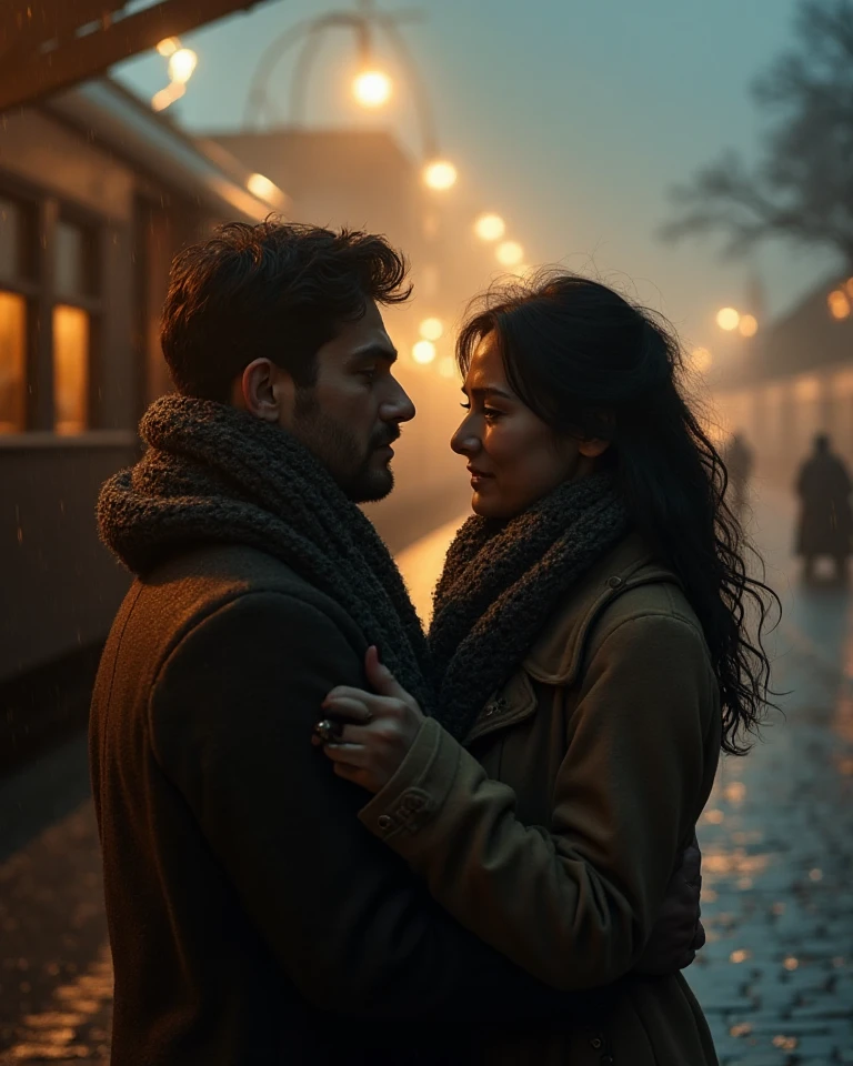 Ultra-realistic cinematic scene of a couple saying a heartfelt goodbye ...